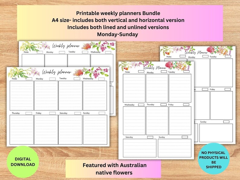 Printable Weekly Planners Bundle Vertical and Horizontal Versions Lined ...