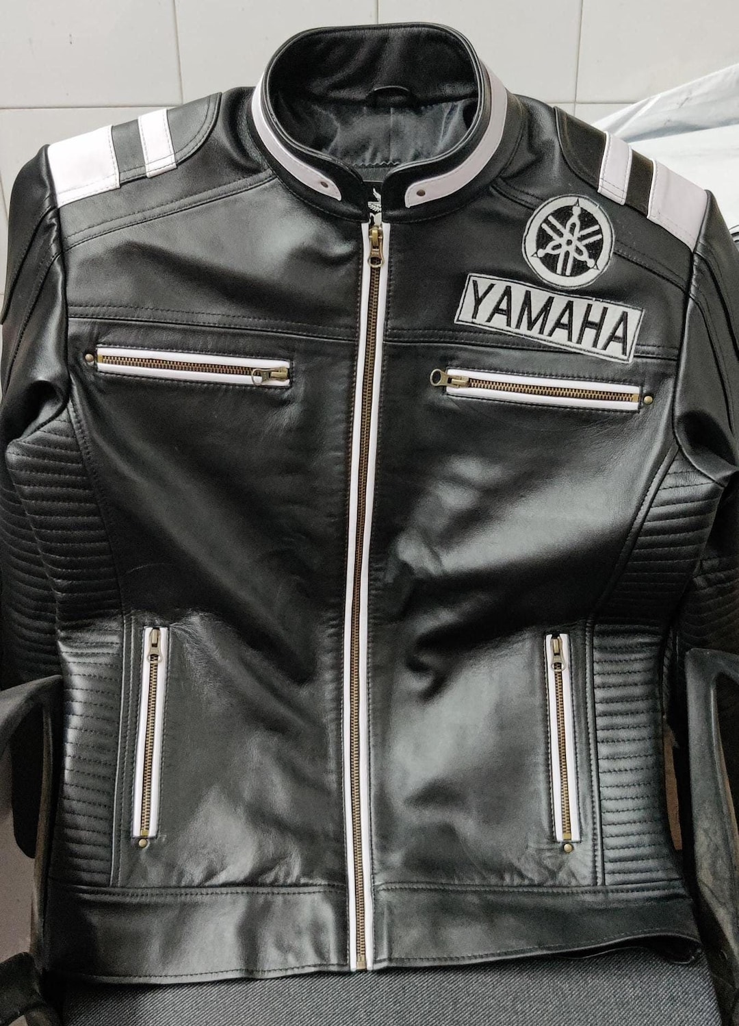 Men Lambskin Black & White Yamaha Leather Jacket Yamaha Motorbike ...