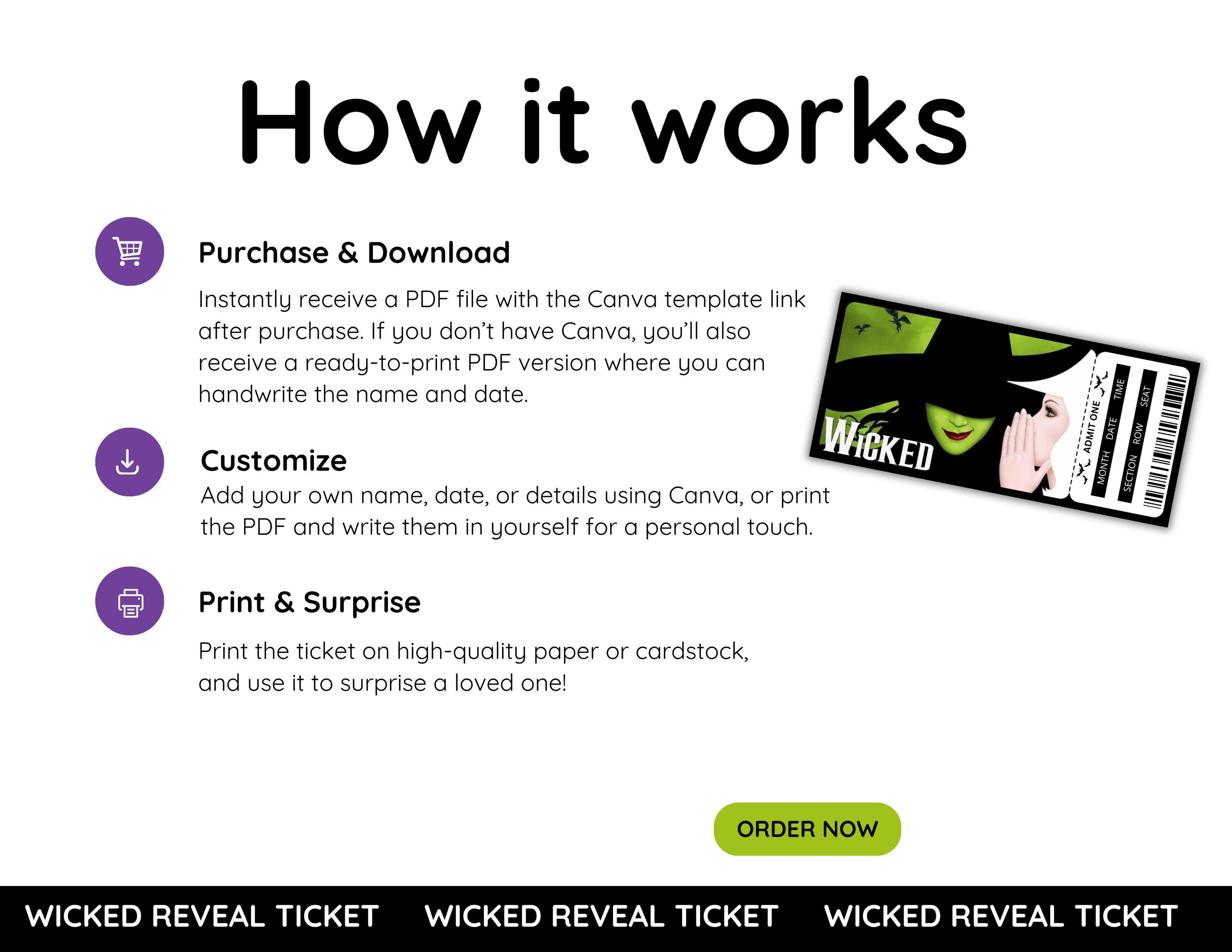 Printable Wicked Musical Theatre Ticket, Surprise Voucher, Personalized ...