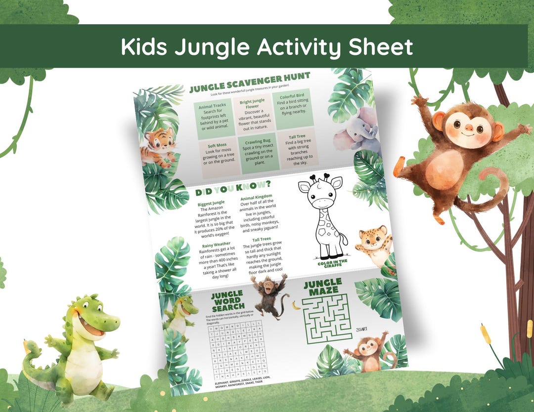 Kids Jungle Activity Sheet, Printable Safari Kids Activities, Childeren ...