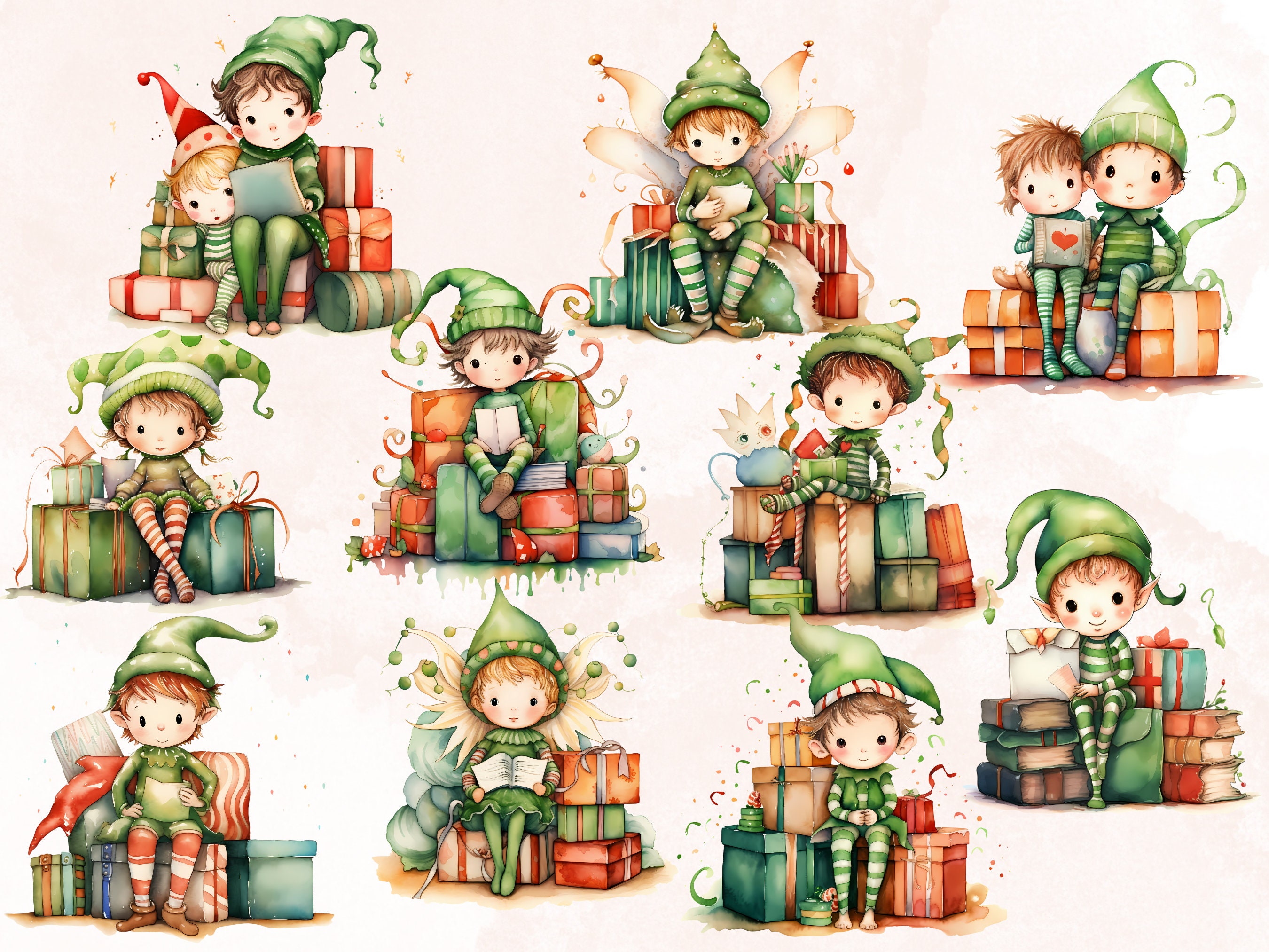 Christmas Elf PNG Clipart Watercolor Christmas Elves Clipart Bundle ...