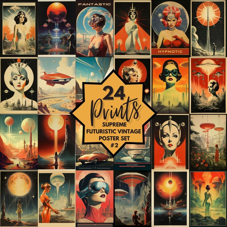 Retro-futurism - Time Travel | 24-piece Vintage Printable Poster Set ...