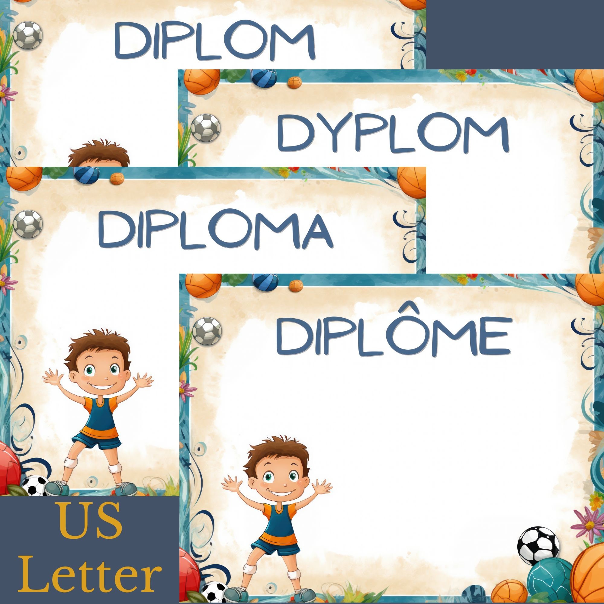 Diploma Diplom Diplom Diplôme Kids Sport Certificate 300 DPI A4 and US ...