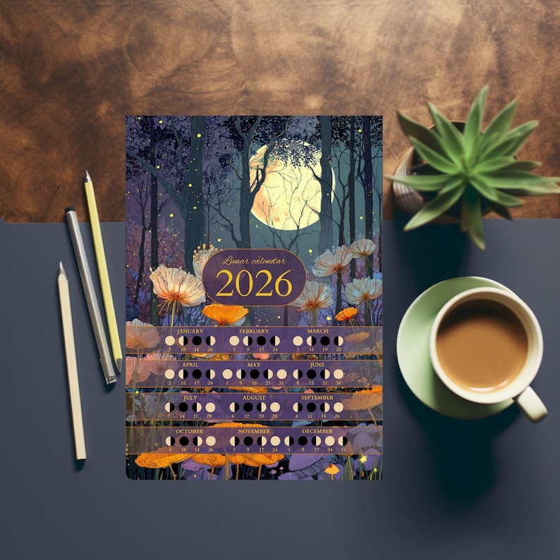 Magical Forest Lunar Calendar 2026 | Moon Phases Poster | 300 DPI ...