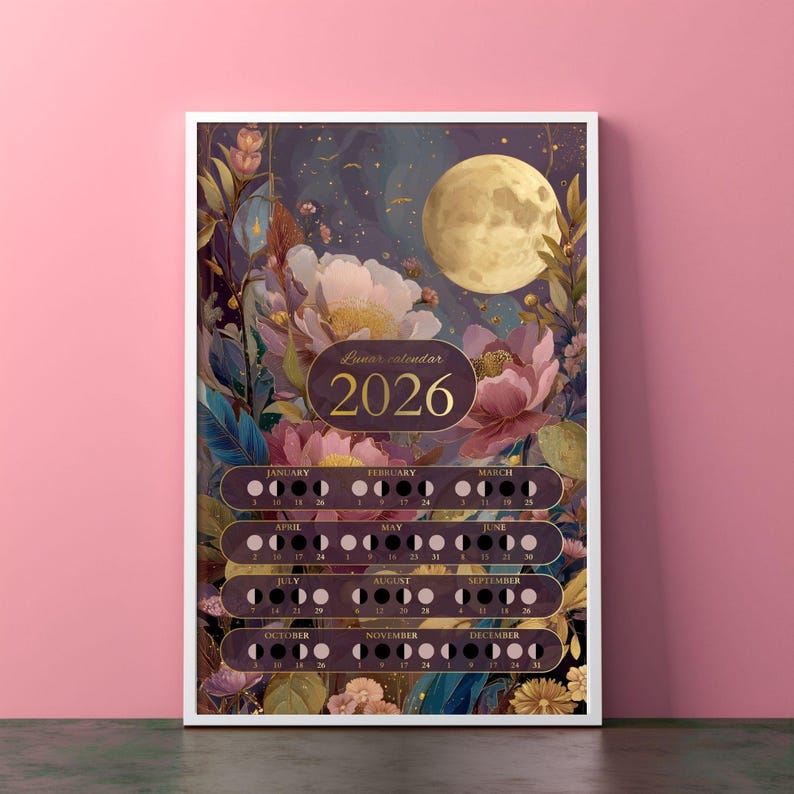 Golden and Pink Lunar Calendar 2026 | Moon Phases Poster | 300 DPI ...