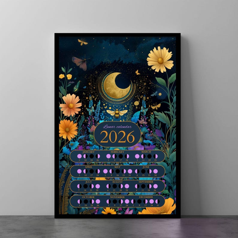 Vivid Lunar Calendar 2026 | Moon Phases Poster | 300 DPI | Size ...