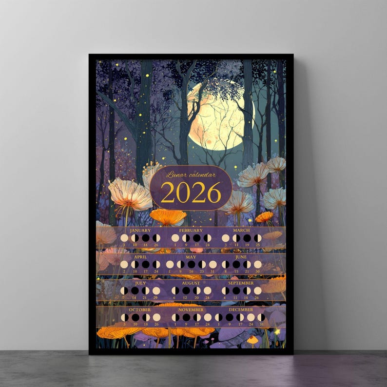 Magical Forest Lunar Calendar 2026 | Moon Phases Poster | 300 DPI ...