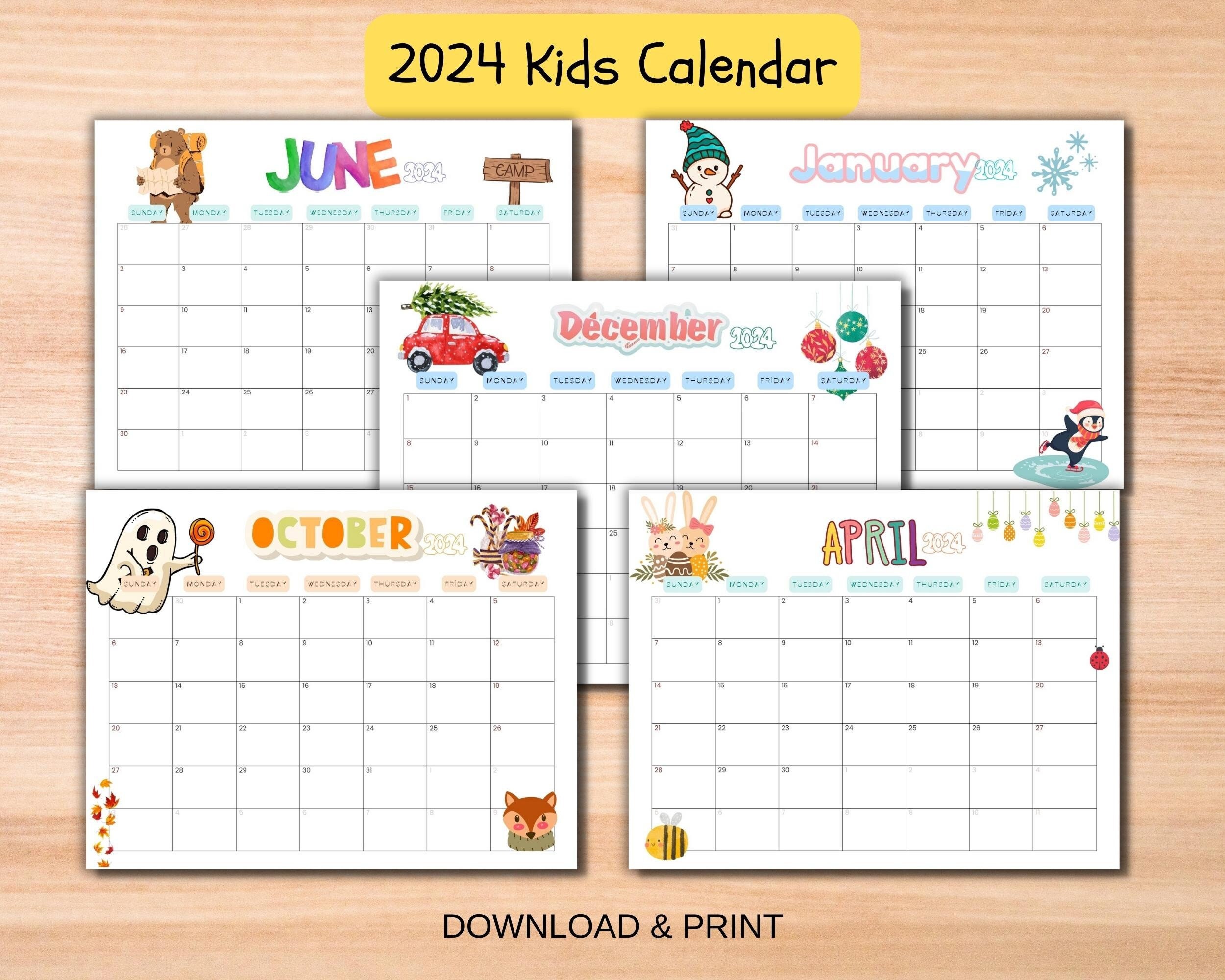 2024 Kids Monthly Calendar, Printable Calendar, Kids Planner ...