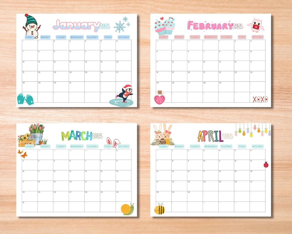 2024 Kids Monthly Calendar, Printable Calendar, Kids Planner ...