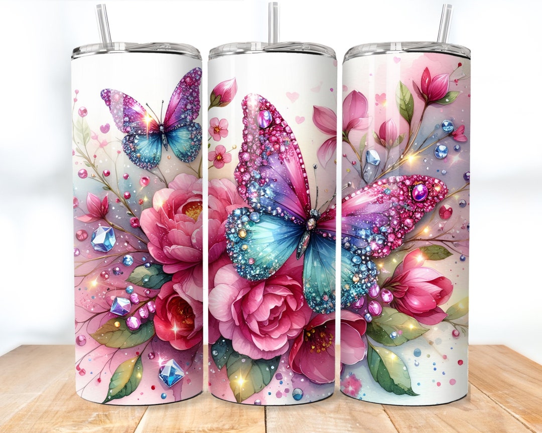 Pink Glitter Butterflies 20 Oz Skinny Tumbler Sublimation, Diamond ...