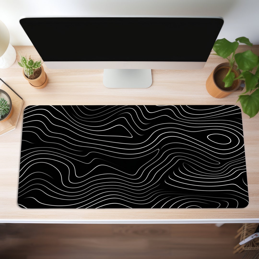 Black and White Graphic Pattern, Wavy Lines, Desk Mat, Gaming Mouse Pad ...