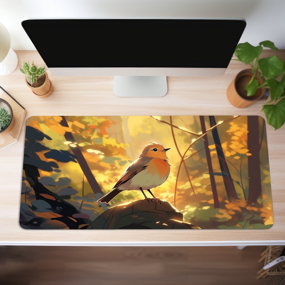 Anime Bird Mousepad, Warm Color Forest, Nature, Aesthetic Deskmat, Desk ...