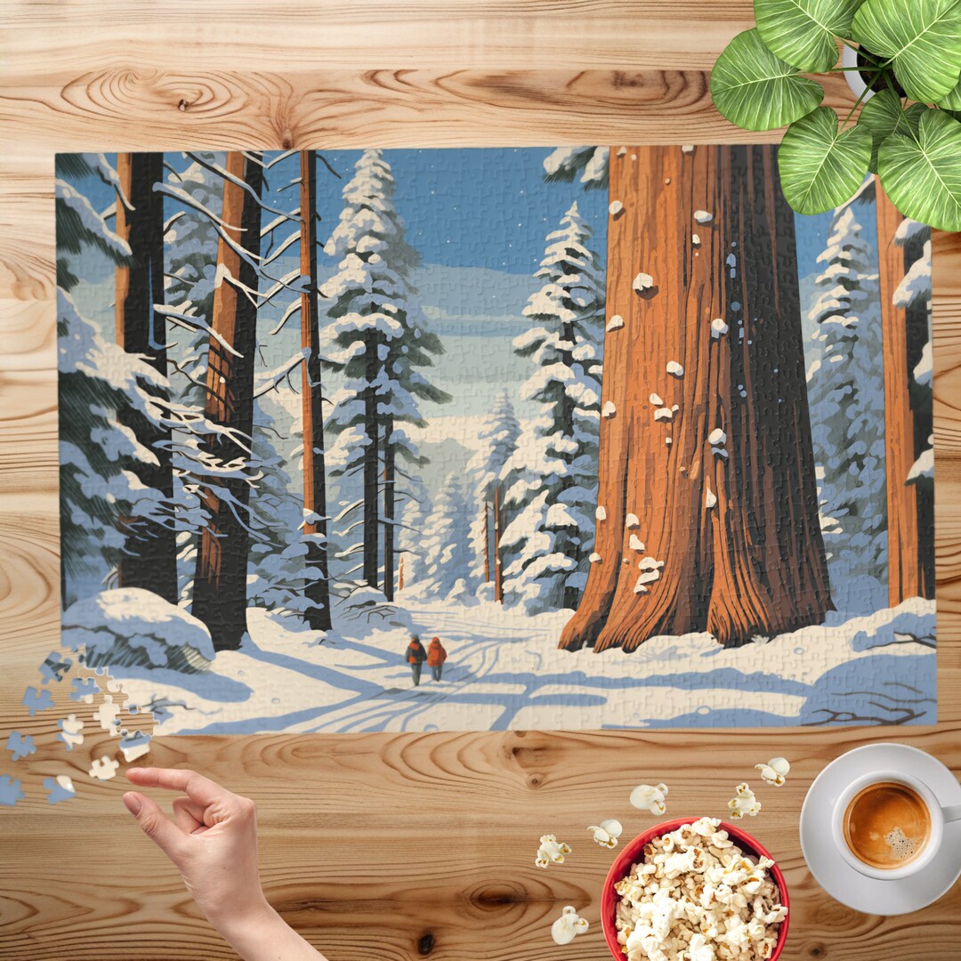 Giant Tree Forest Jigsaw Puzzle, Snowy Forest Puzzle, Linocut, 500 ...
