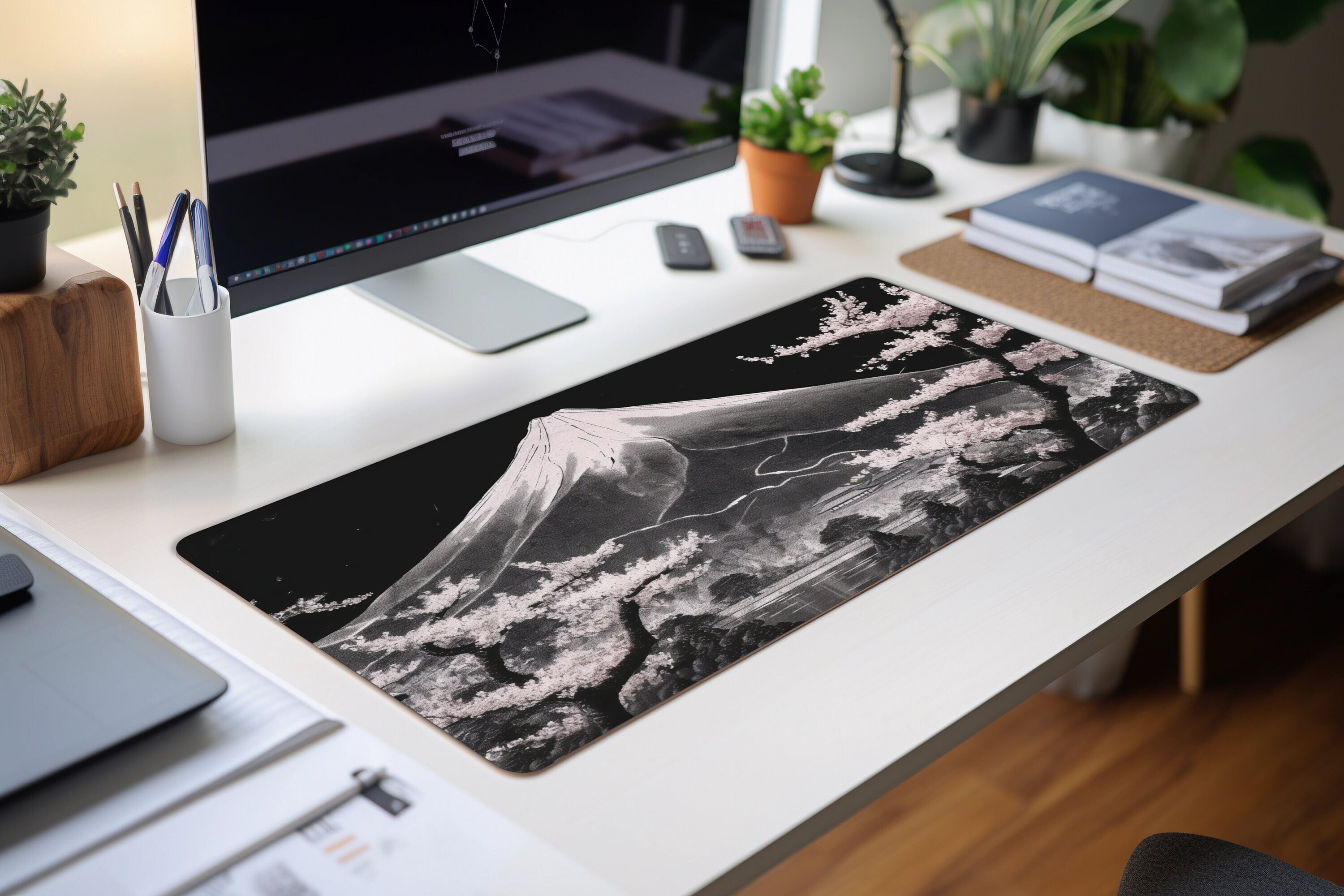 Aesthetic Mount Fuji With Cherry Blossom Trees Mousepad, Black and ...