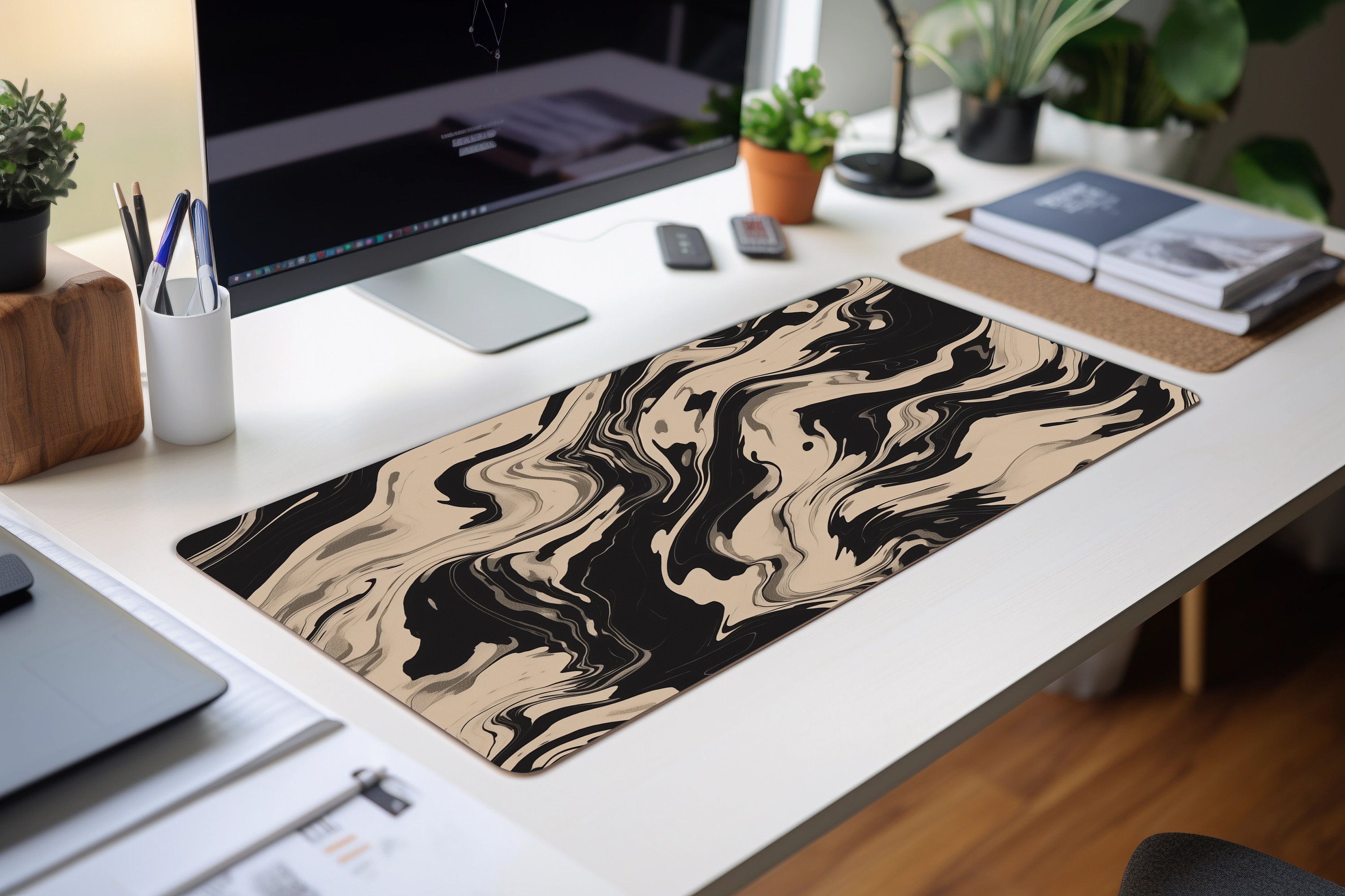 Black and Beige Pattern Mousepad, Wavy Lines, Abstract Art, Aesthetic ...