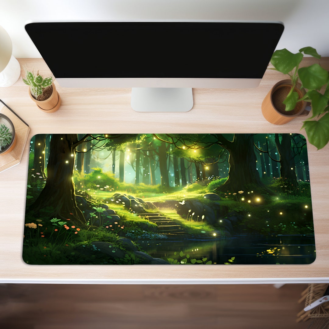 Green Glowing Forest, Fireflies, Aesthetic Deskmat, Desk Mat, Gaming ...