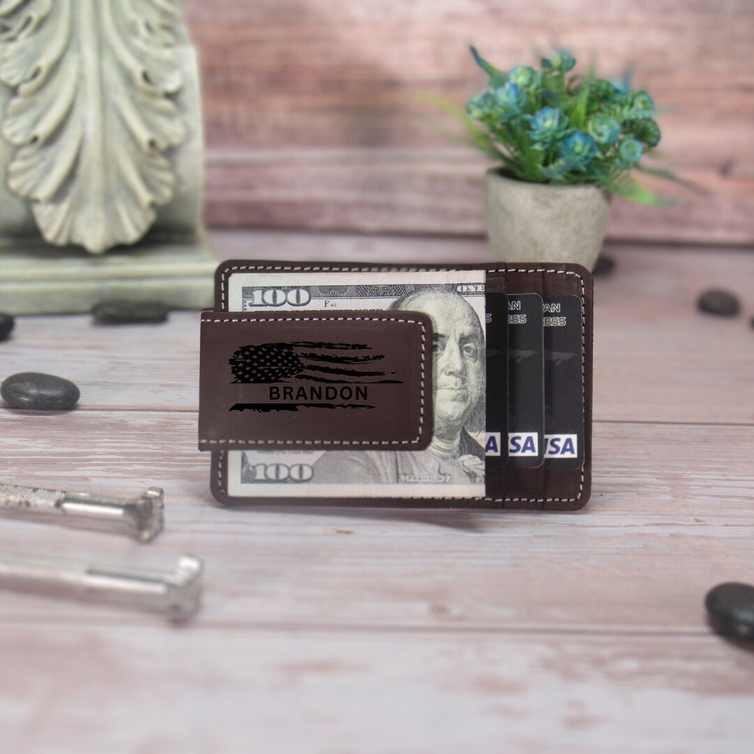 Personalized Slim Leather Money Clip With American Flag Engraving ...