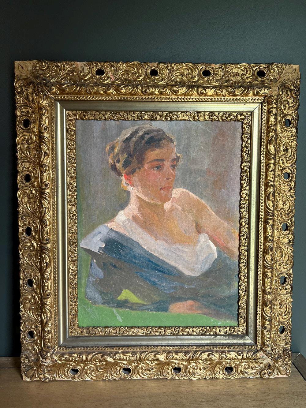 Reproduction Portrait Print on Canvas With Wax Finish in Antique Frame ...