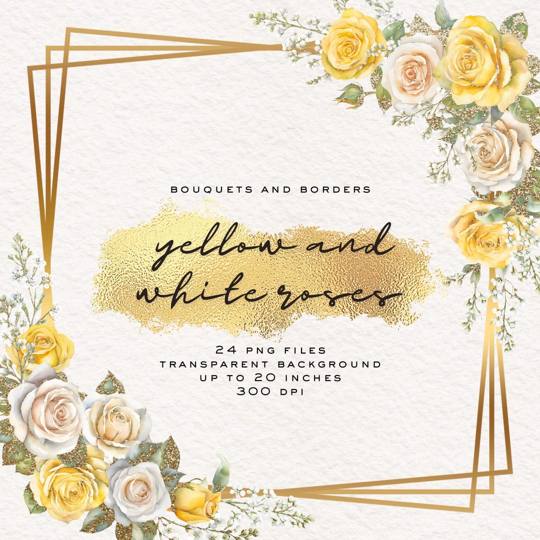 Yellow Roses and White Roses Watercolor Clipart - 24 PNG Bouquets ...