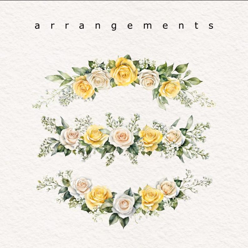 Yellow Roses and White Roses Watercolor Clipart - 24 PNG Bouquets ...