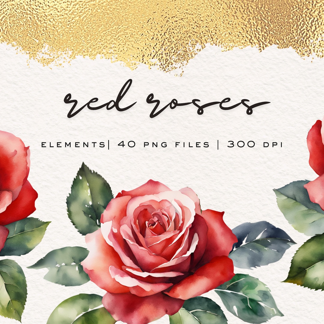 Red Roses Floral Clipart Set, 40 PNG Files With Transparent Background ...