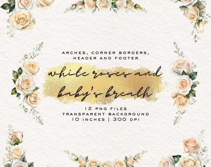 Boho Roses Frame Clipart, Watercolor White Floral Borders Png, Wedding ...