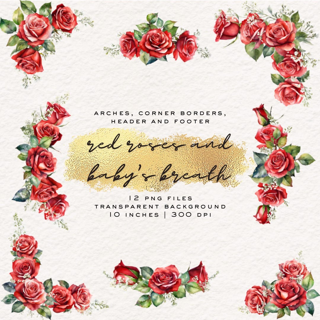 Red Roses Watercolor Clipart: Floral Border Arrangements (digital ...