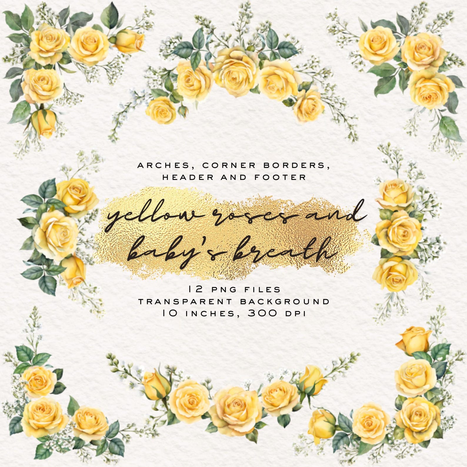 Yellow Roses Border Watercolor Cliparts - 12 PNG Floral Arrangements ...
