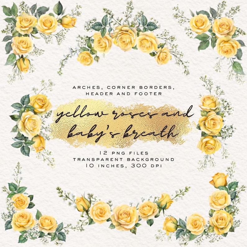 Yellow Roses Watercolor Clipart: Floral Border PNG (digital Download ...