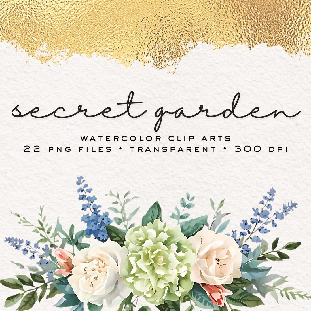 Watercolor Floral Border Clipart: Secret Garden Bouquet (digital ...