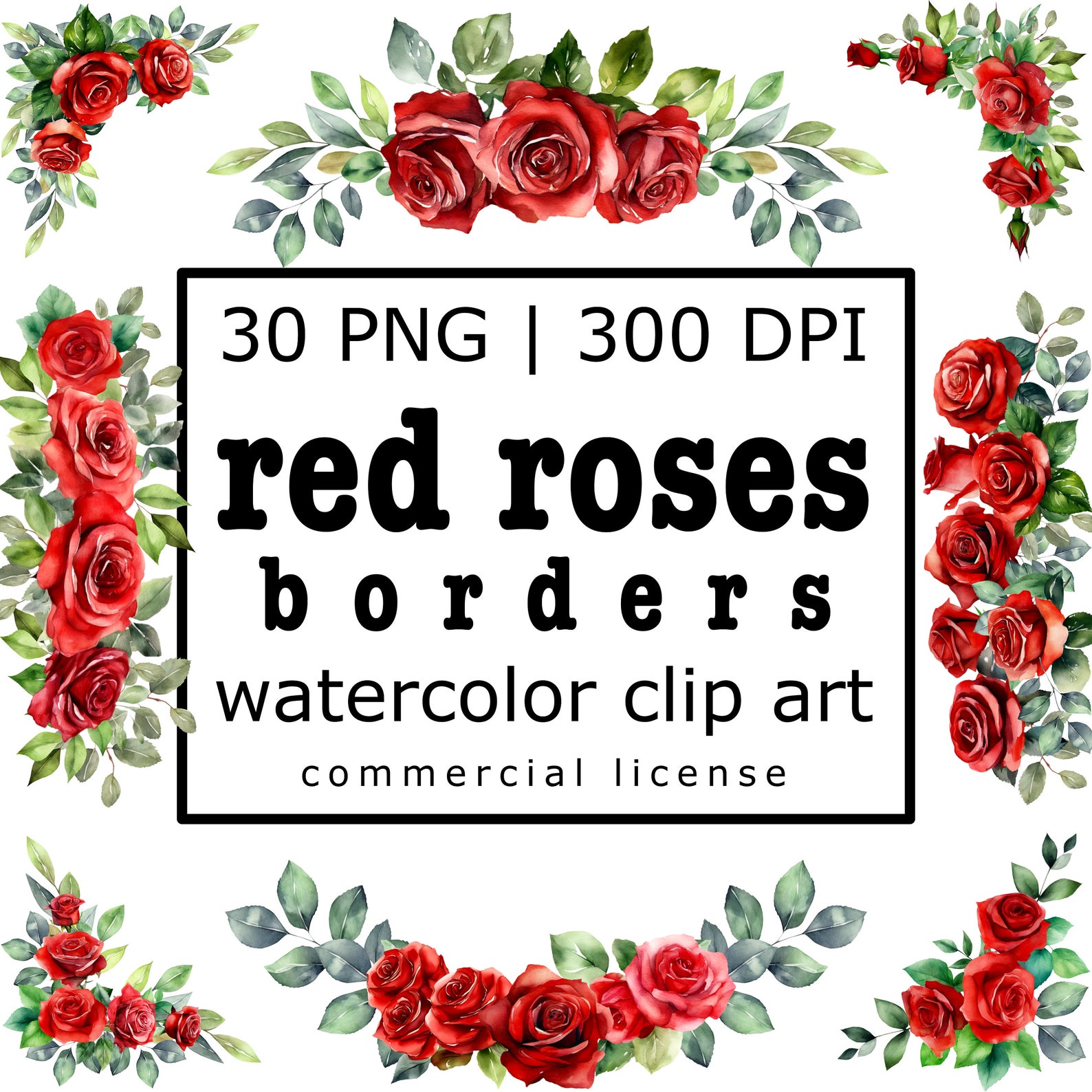Red Roses Borders Watercolor Clip Art to Compliment Your Design ...