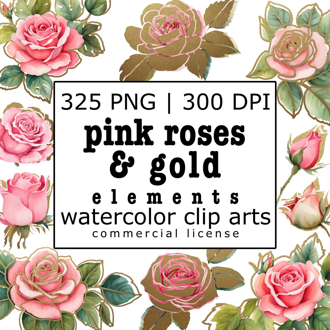 Blush Pink Roses and Gold Watercolor Clip Art Elements to Compliment ...