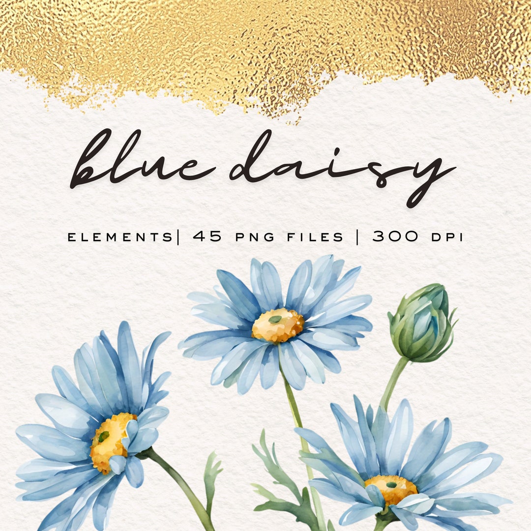 Blue Daisy Watercolor Clipart: 45 PNG Floral Elements, Personal or ...