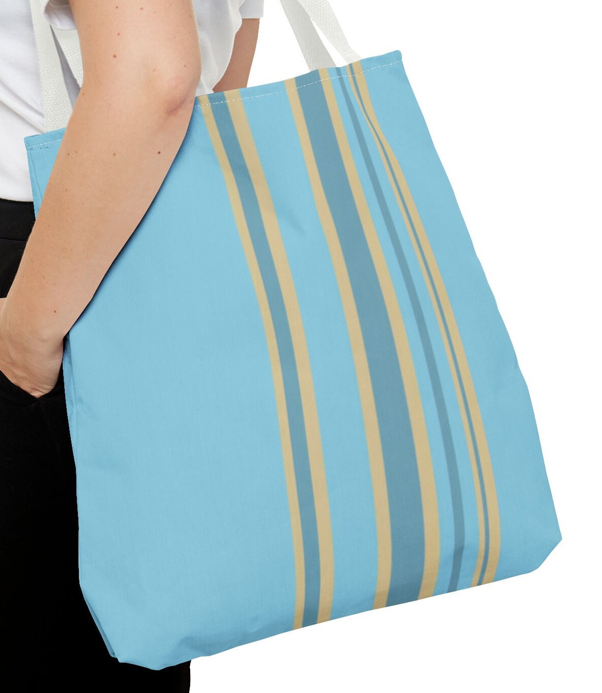 Blue Tan Stripe Totebag, Canvas Fabric Book Bag for Farmersmarket ...