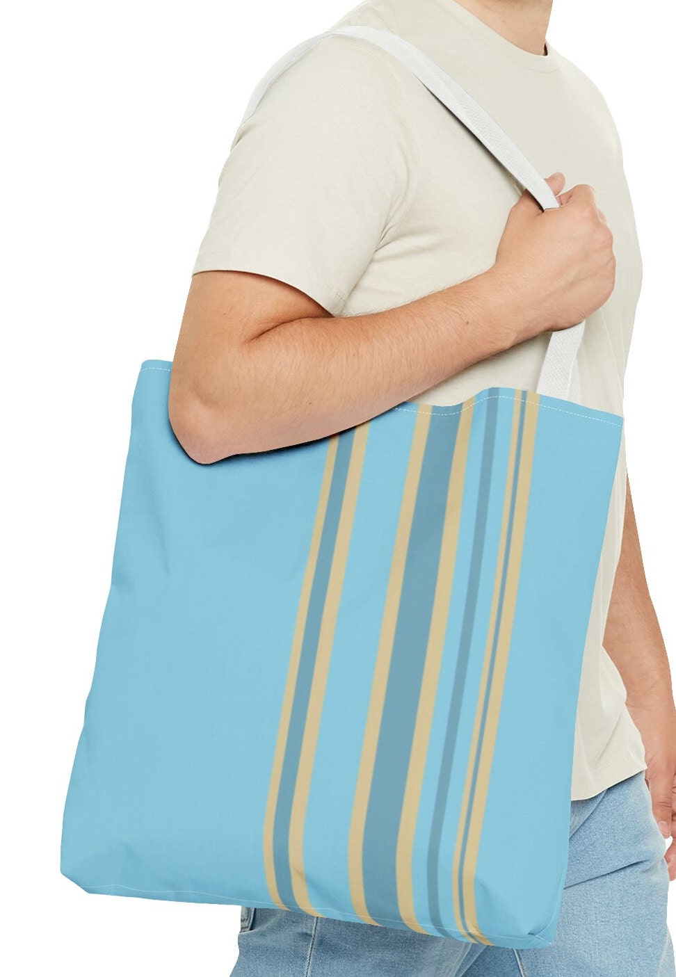 Blue Tan Stripe Totebag, Canvas Fabric Book Bag for Farmersmarket ...