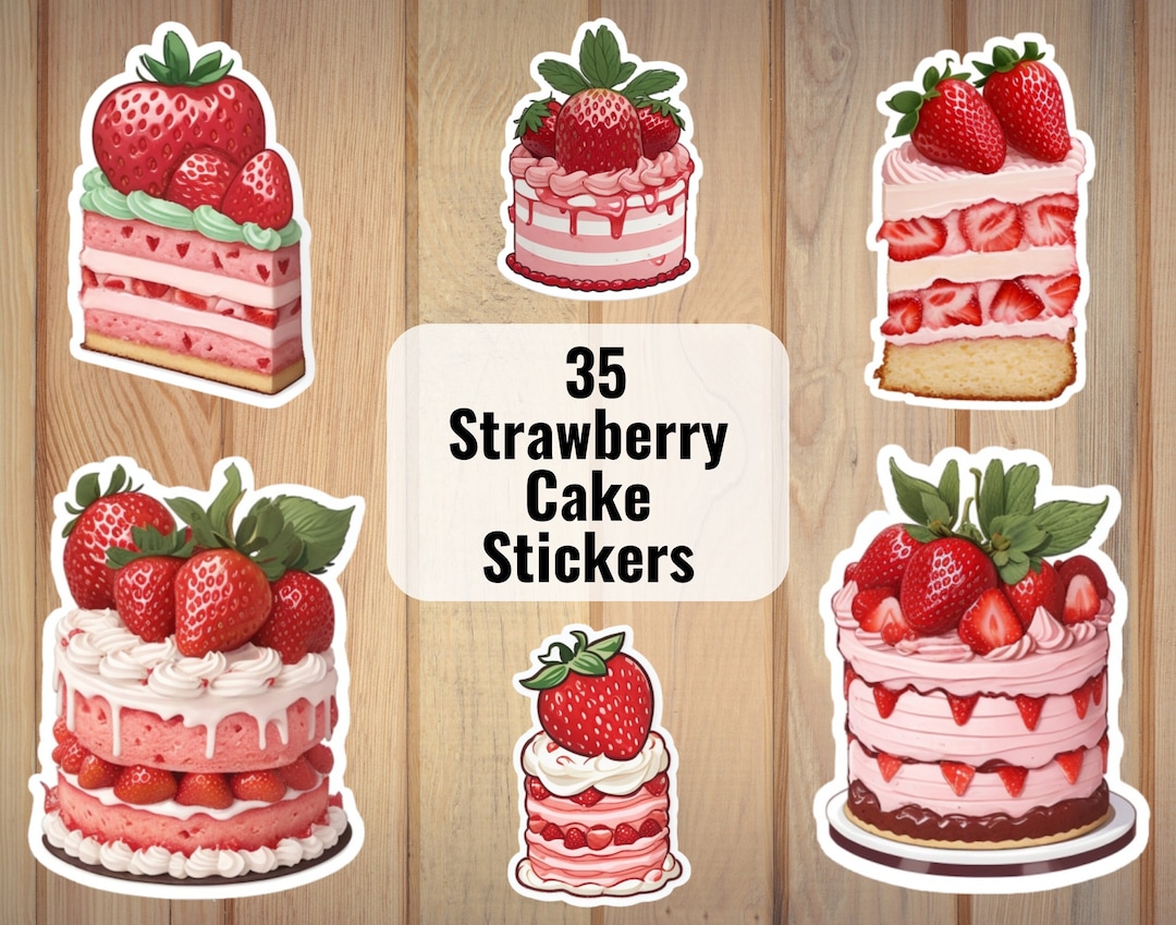 35 Digital Cute Strawberry Cake Stickers Bundle, Downloadable Digital ...