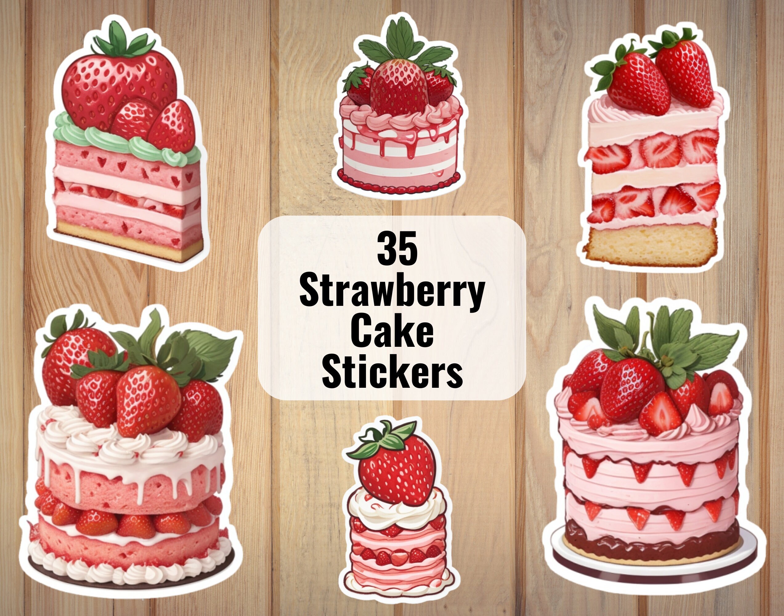 35 Digital Cute Strawberry Cake Stickers Bundle, Downloadable Digital ...