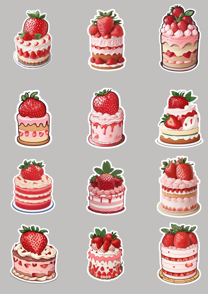 35 Digital Cute Strawberry Cake Stickers Bundle, Downloadable Digital ...