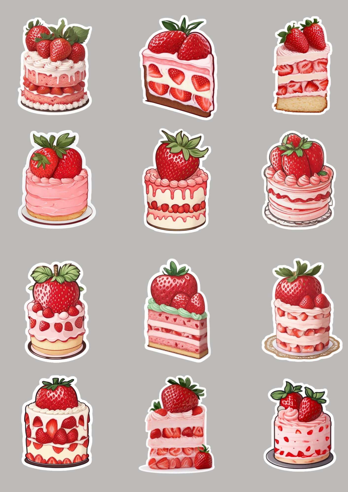 35 Digital Cute Strawberry Cake Stickers Bundle, Downloadable Digital ...