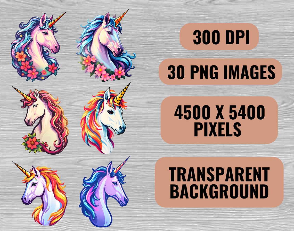 30 Digital Realistic Unicorn Clipart Bundle, Downloadable Digital PNG ...