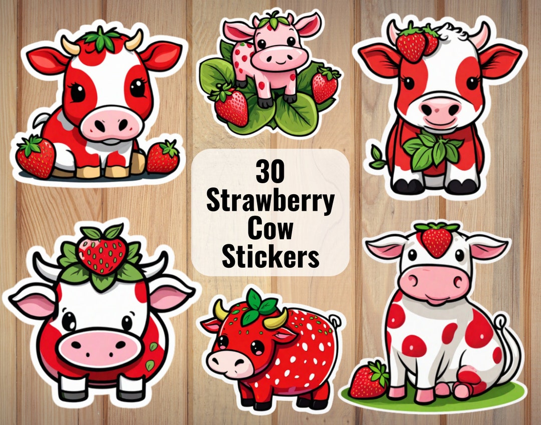 30 Digital Cute Strawberry Cow Stickers Bundle, Downloadable Digital ...