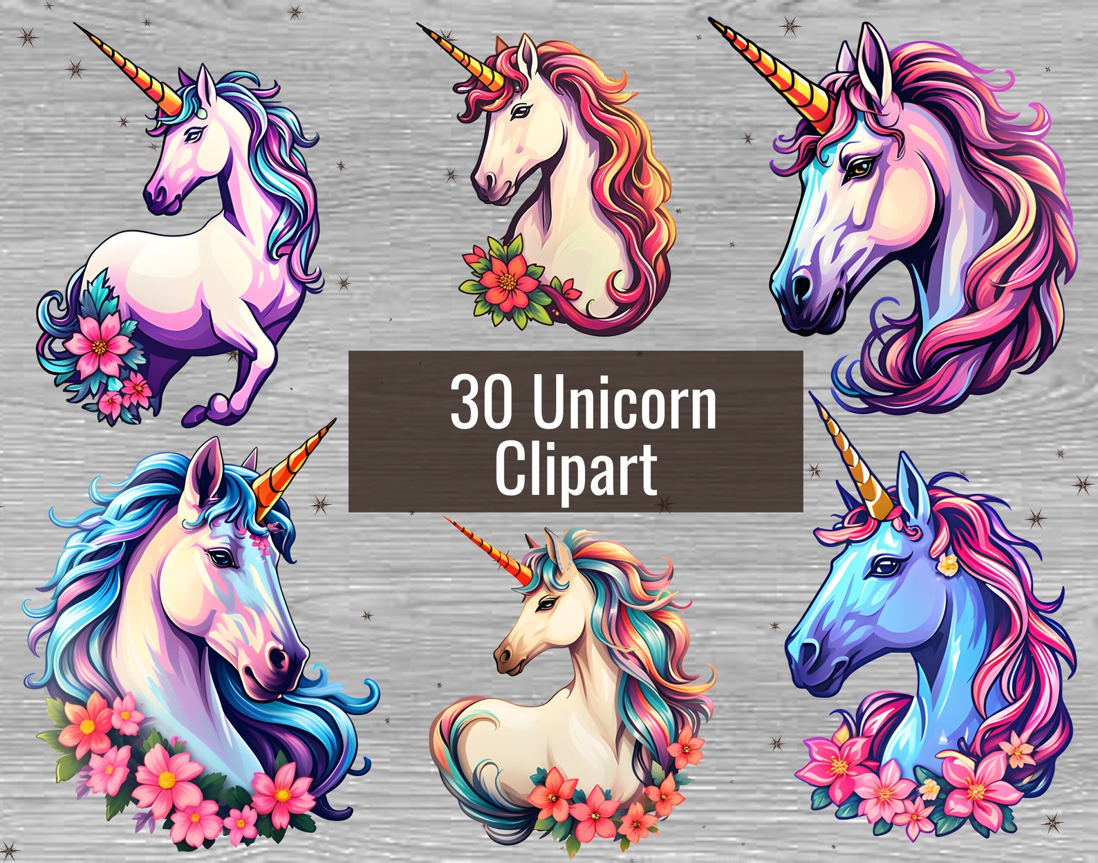 30 Digital Realistic Unicorn Clipart Bundle, Downloadable Digital PNG ...