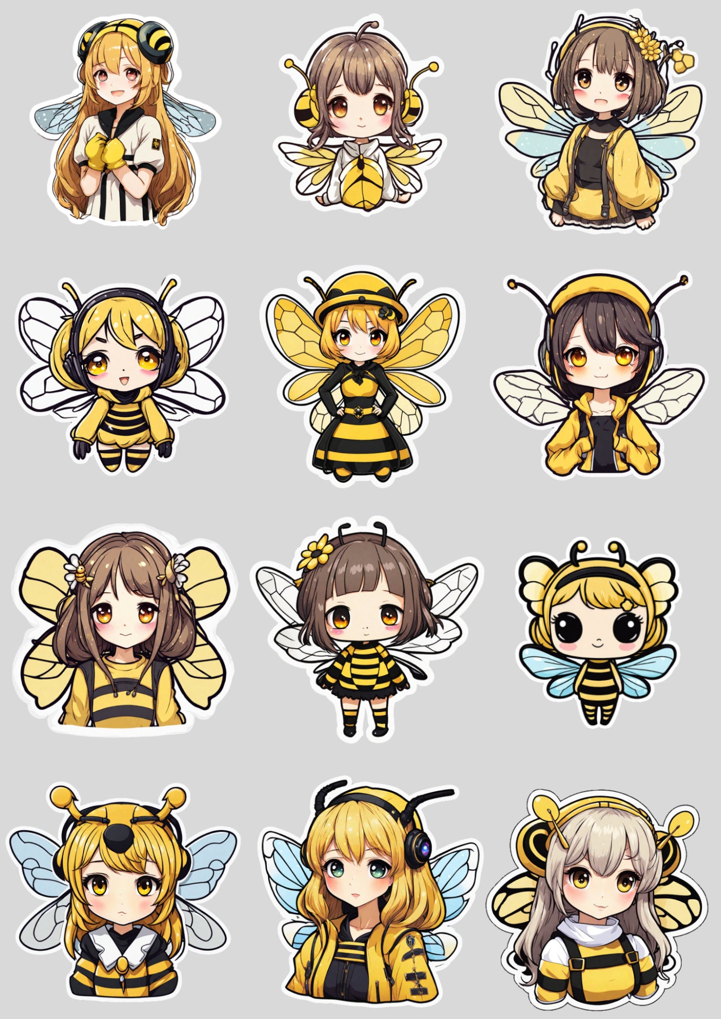 18 Digital Cute Bee Anime Girl Stickers Bundle, Downloadable Digital ...