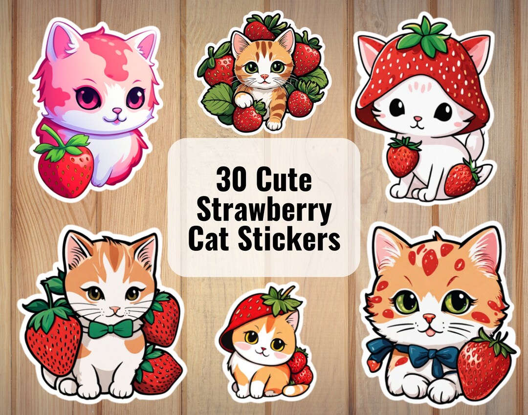 30 Digital Cute Strawberry Cat Stickers Bundle, Downloadable Digital ...
