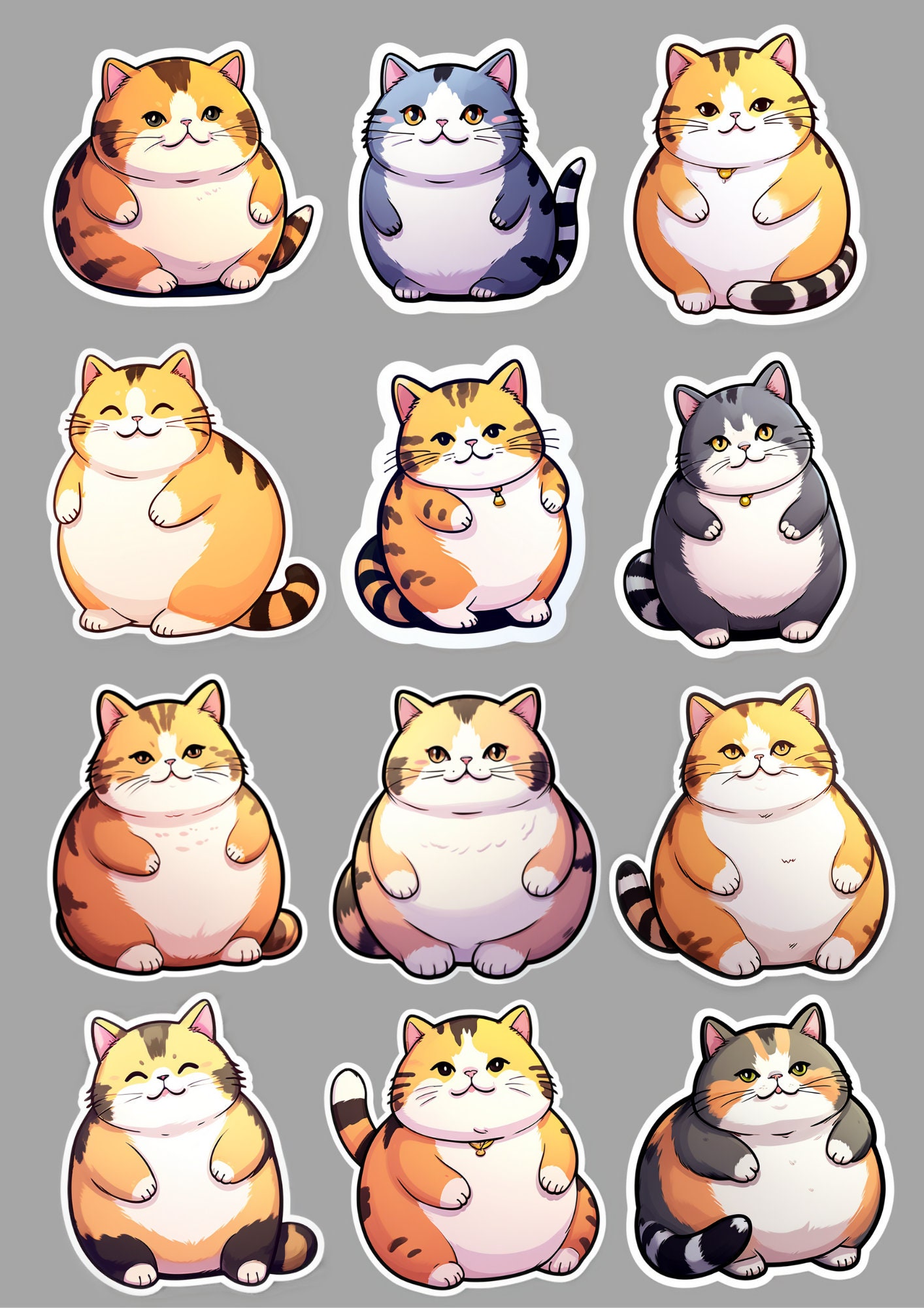100 Cute Fat Cat Stickers, Downloadable Digital Sticker Sheets, PNG ...
