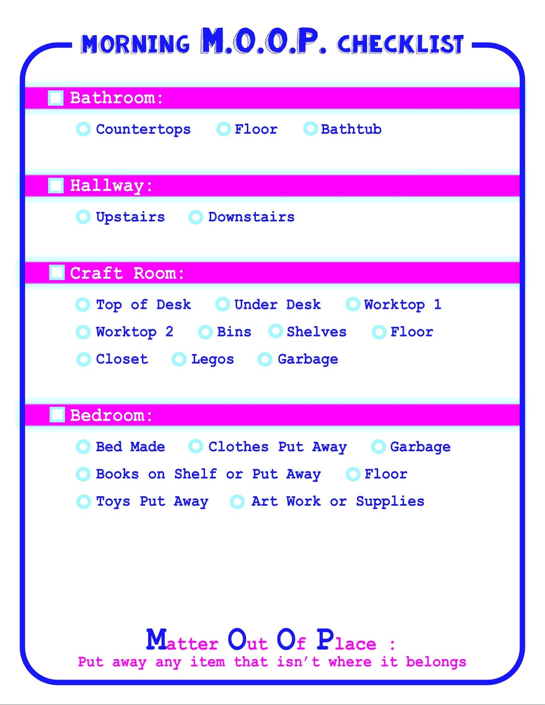 Daily Clean up Checklists for Kids - MOOP (matter Out of Place) - Etsy
