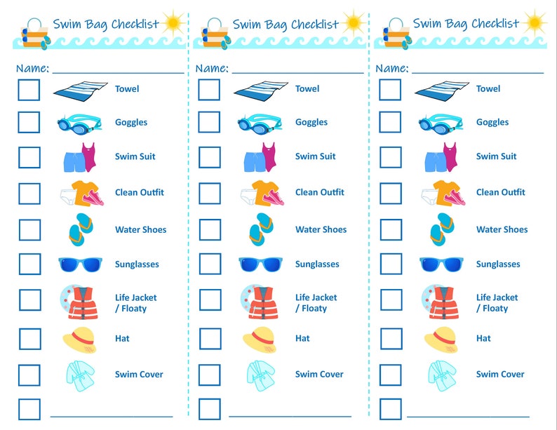 Swim Bag Checklist for Kids - Etsy