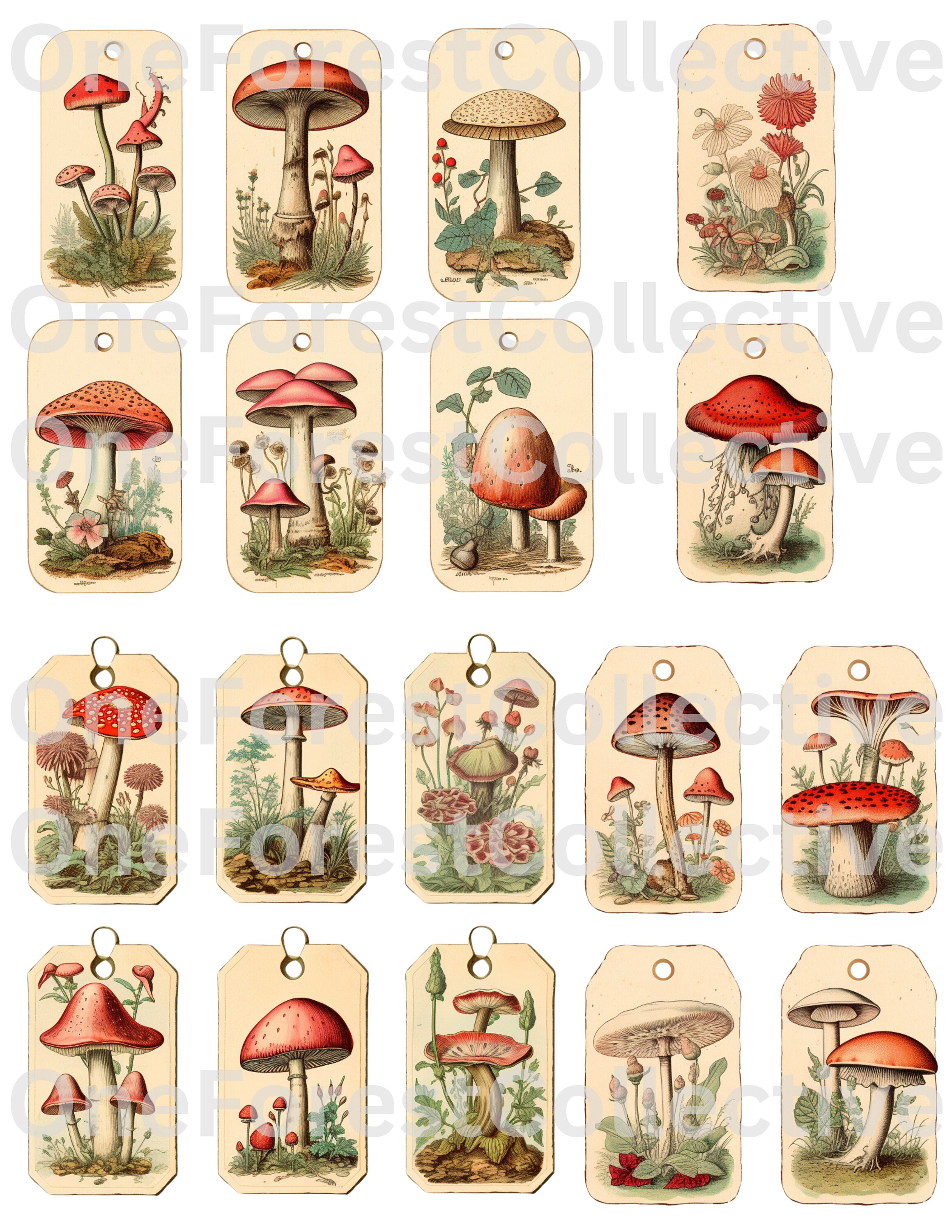 5 PNG Mushroom Tags Ephemera Collage Mixed Media Embellishments ...