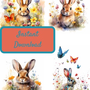 35 Watercolor Rabbits and Wildflowers PNG No Background Scrapbooking ...