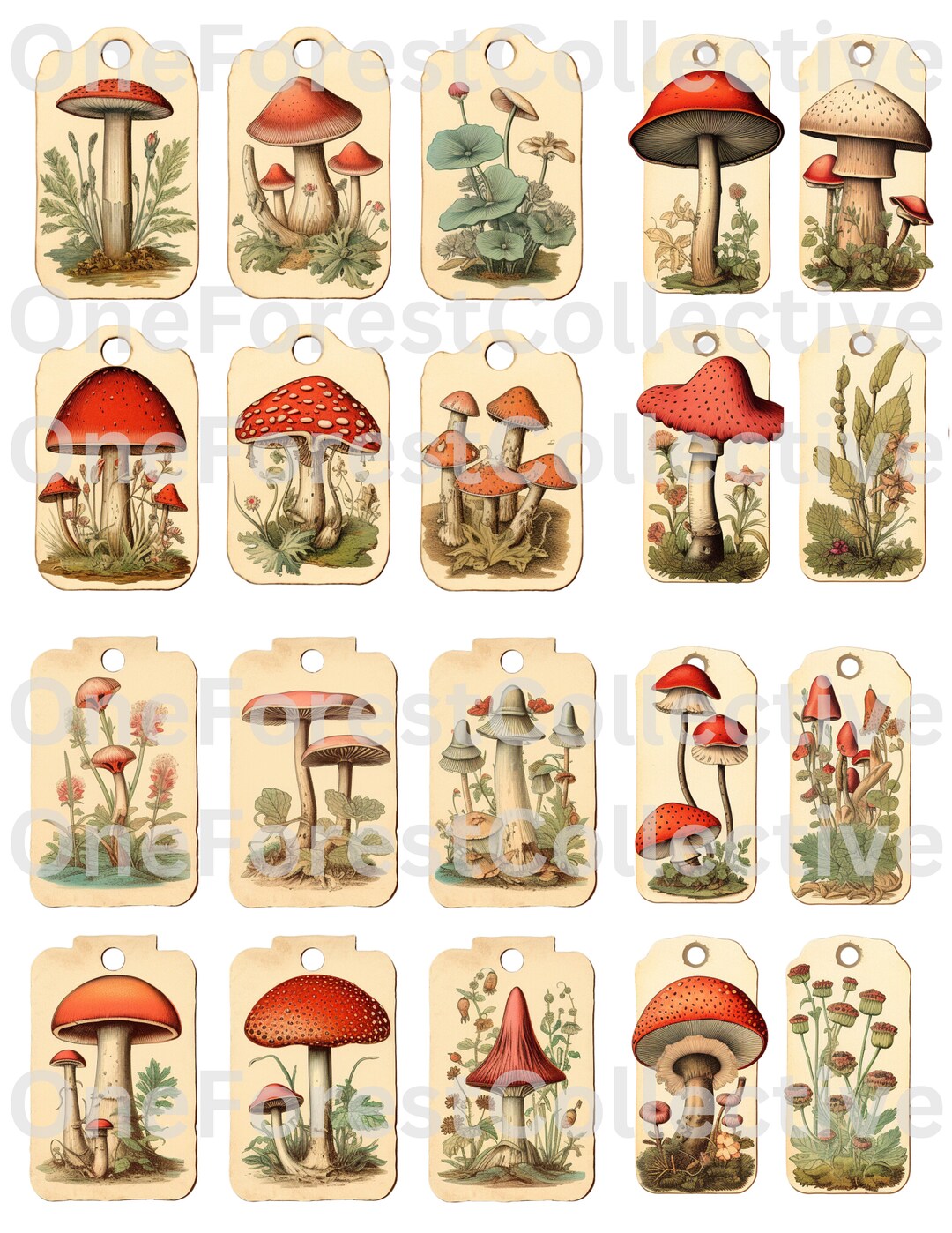 5 PNG Mushroom Tags Ephemera Collage Mixed Media Embellishments ...
